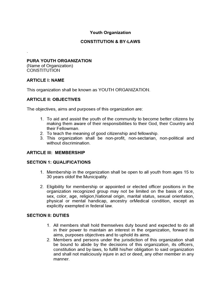 Youth Organization Constitution & By-Laws | Download Free PDF ...