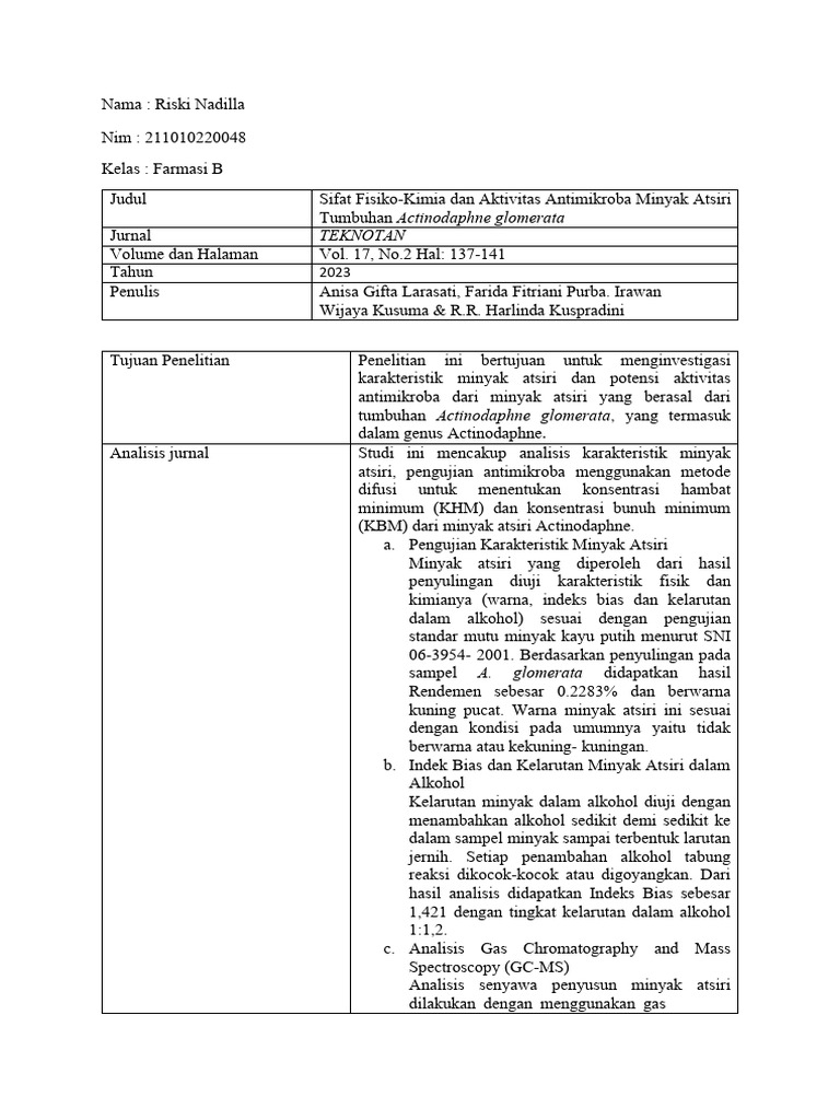 Aktivitas Antimikroba Minyak Atsiri A. glomerata | PDF