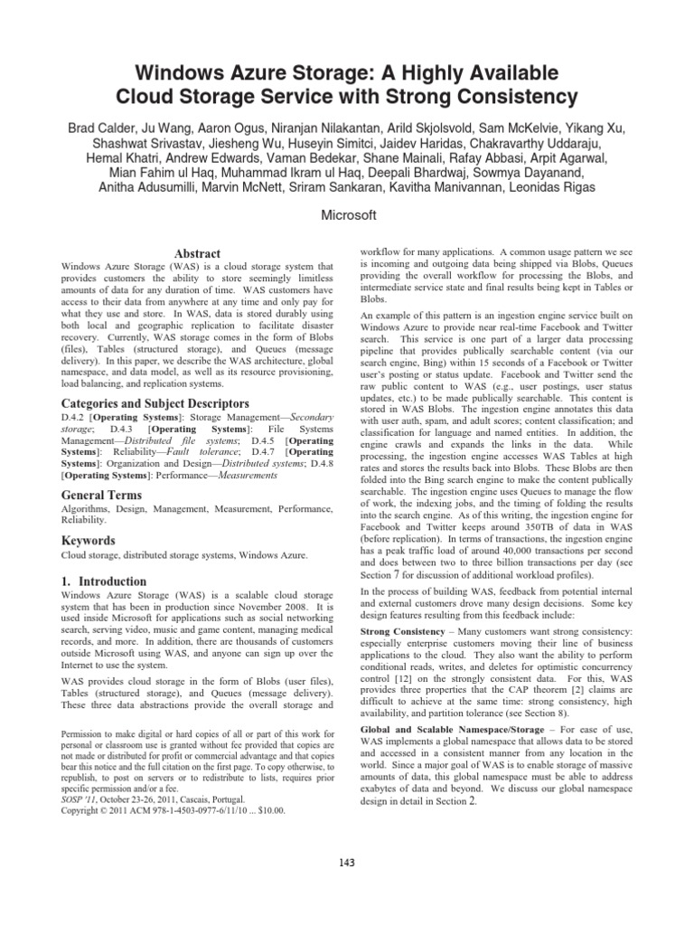 Windows Azure Storage at 23rd ACM Symposium On Operating Systems ...