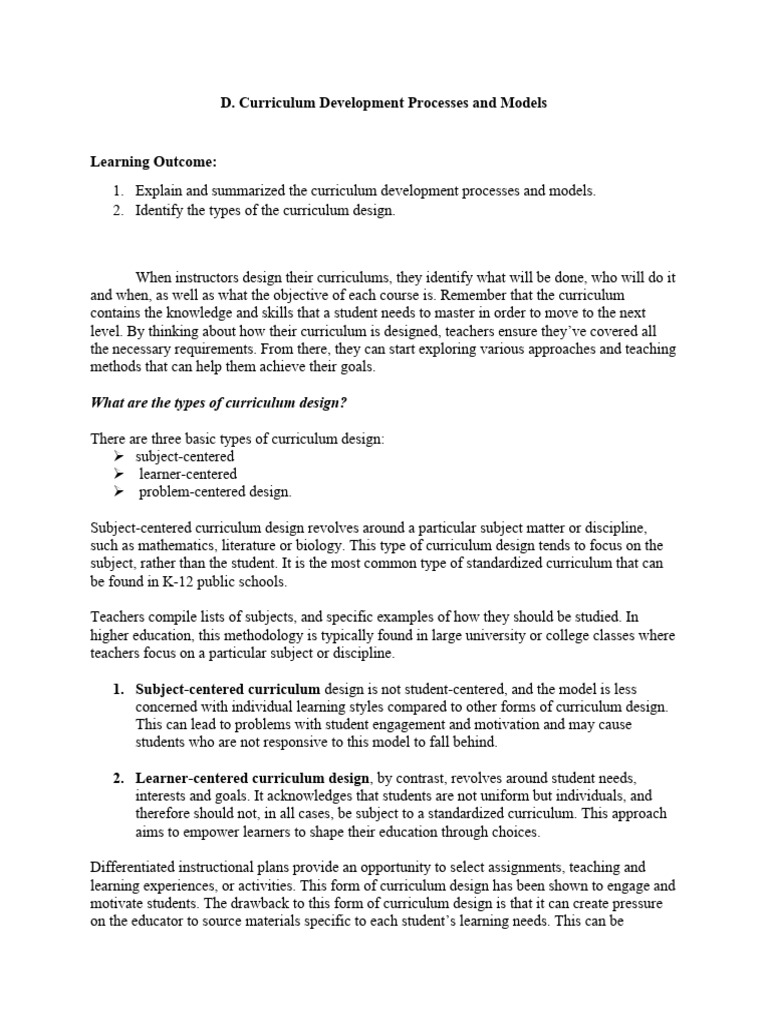 D. Curriculum Development Processes and Models 1 | PDF | Curriculum | Cognition