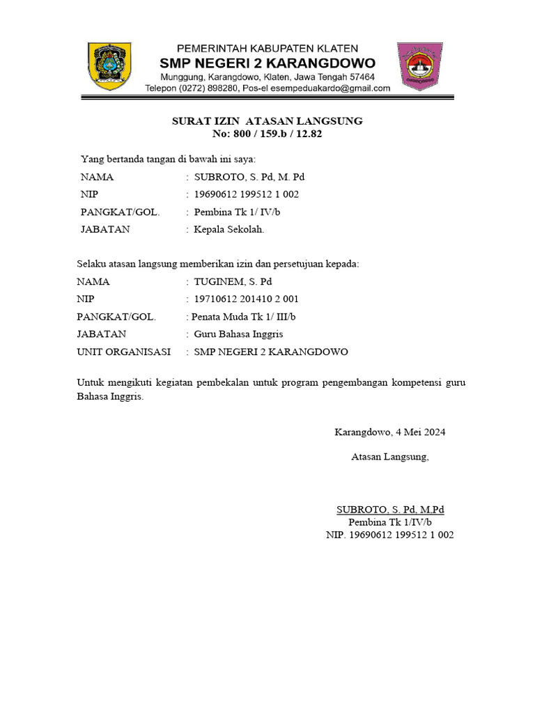 Contoh SURAT IZIN ATASAN LANGSUNG | PDF