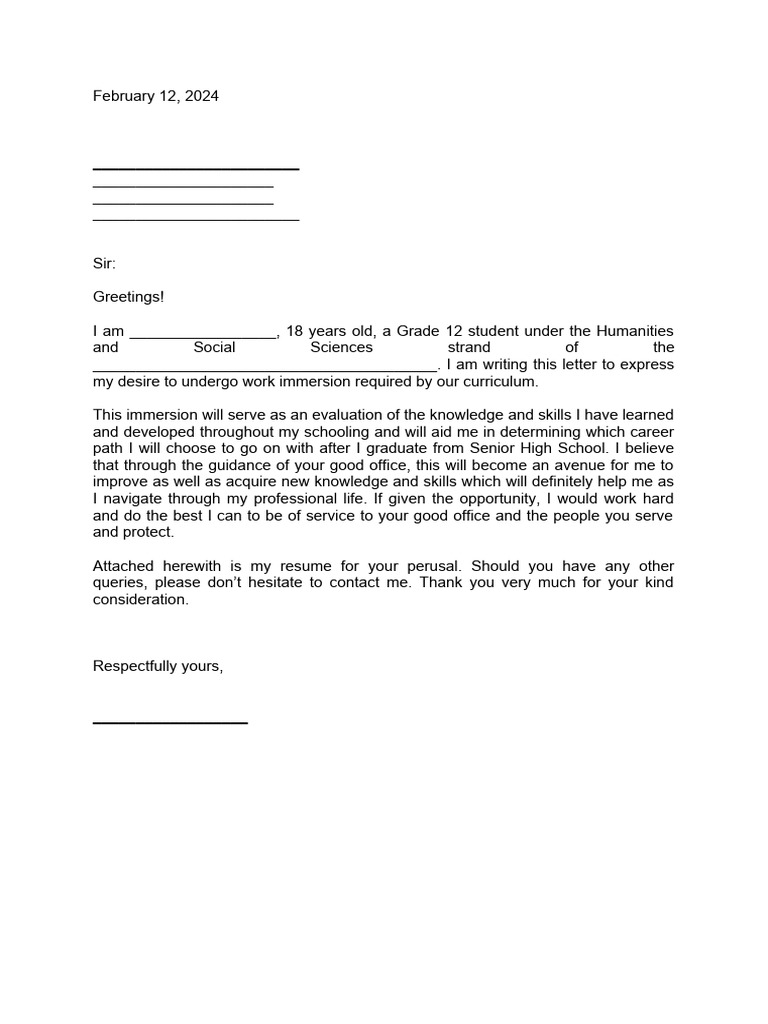 Work Immersion Application Letter | PDF