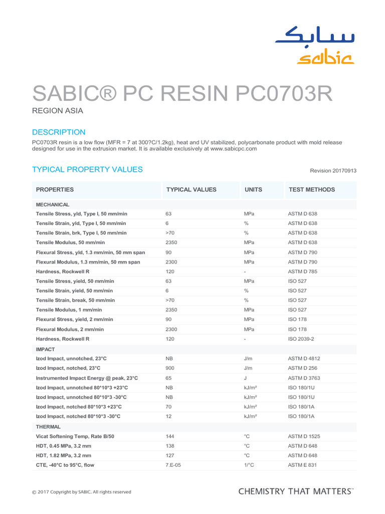 SABIC PC Resin - PC0703R - Technical - Data - Sheet | PDF | Young's Modulus | Pascal (Unit)