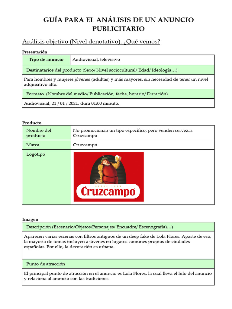 Análisis de Un Anuncio Publicitario - Anuncio Cruzcampo | PDF | Cerveza ...