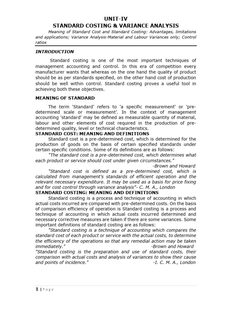 Unit-Iv Standard Costing & Variance Analysis | PDF | Labour Economics | Cost Accounting