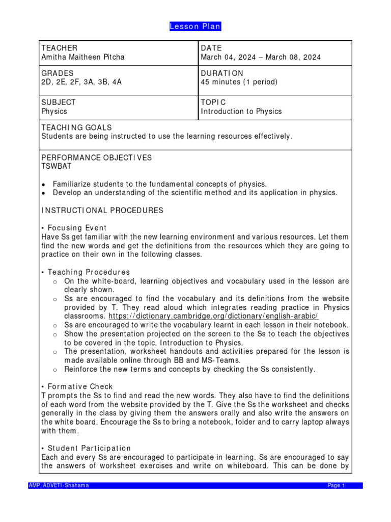 LP - Introduction To Physics - Physics - AMP - 202425 | PDF | Lesson Plan | Worksheet