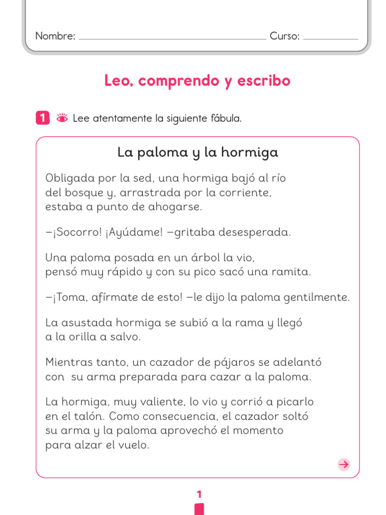 Fábula de la paloma y la hormiga | PDF | Artes del Lenguaje y ...