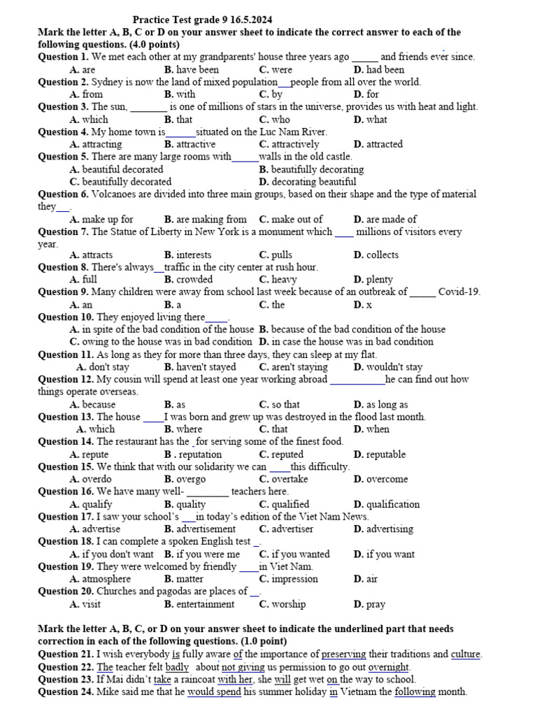 Grade 9 Practice Test: English Skills | PDF | Coral Reef | Water