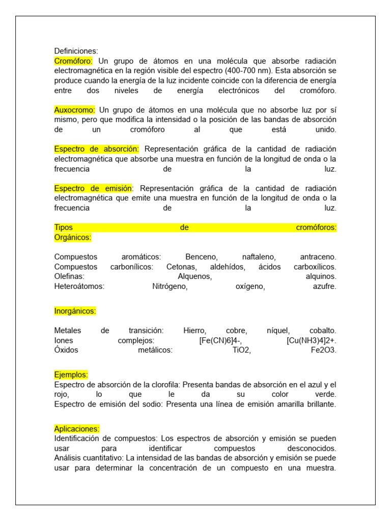 Definiciones de cromóforos y espectros | PDF