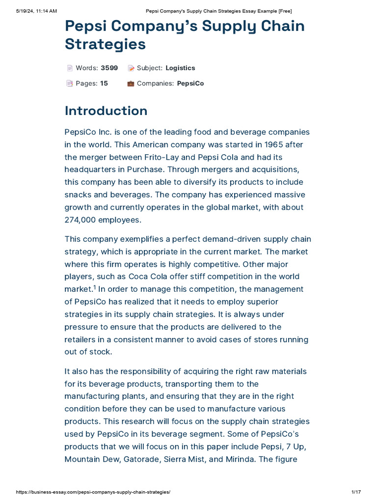 Pepsi Company's Supply Chain Strategies Essay Example (Free) | PDF | Pepsi Co | Logistics