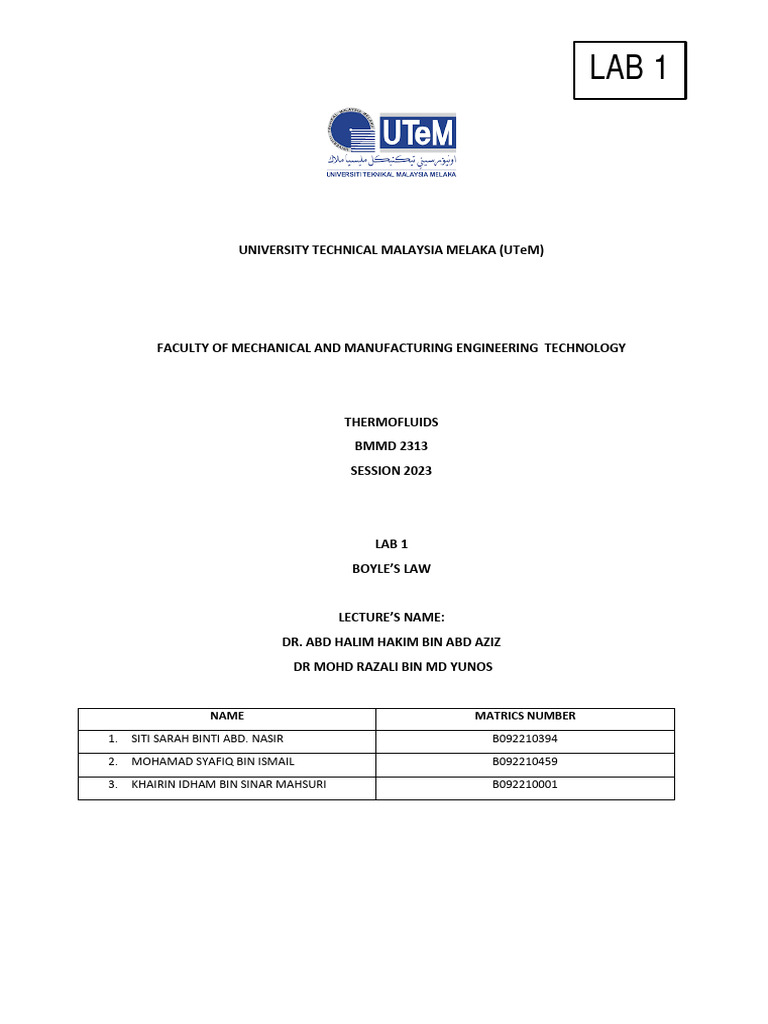 Boyle's Law Lab Report - UTeM 2023 | PDF | Experiment | Pressure