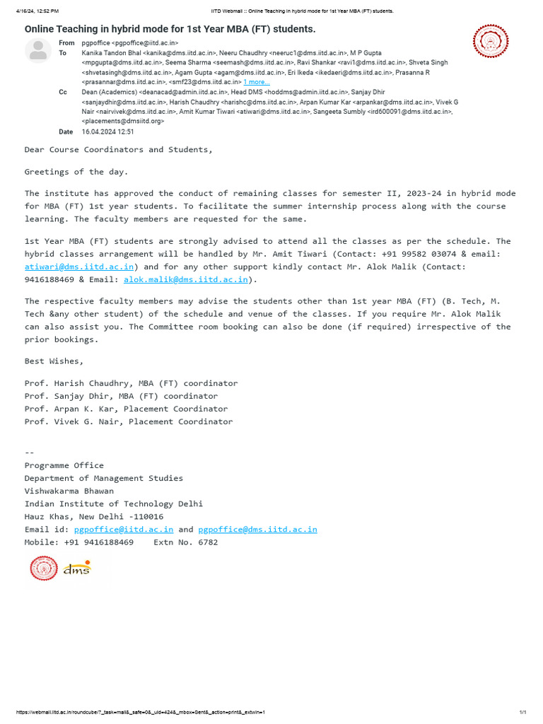 IITD Webmail - Online Teaching in Hybrid Mode For 1st Year MBA (FT ...