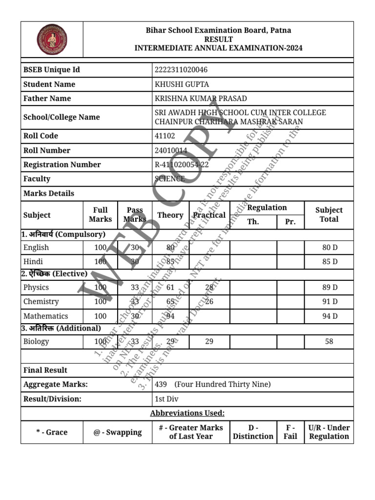Khushi Gupta (Div.. School) Highest Score | PDF