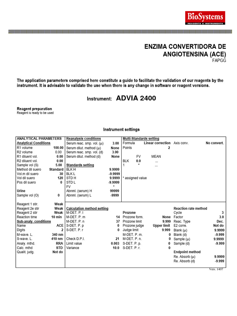 Enzima Convertidora de Angiotensina (Ace) : ADVIA 2400 | PDF | Analysis