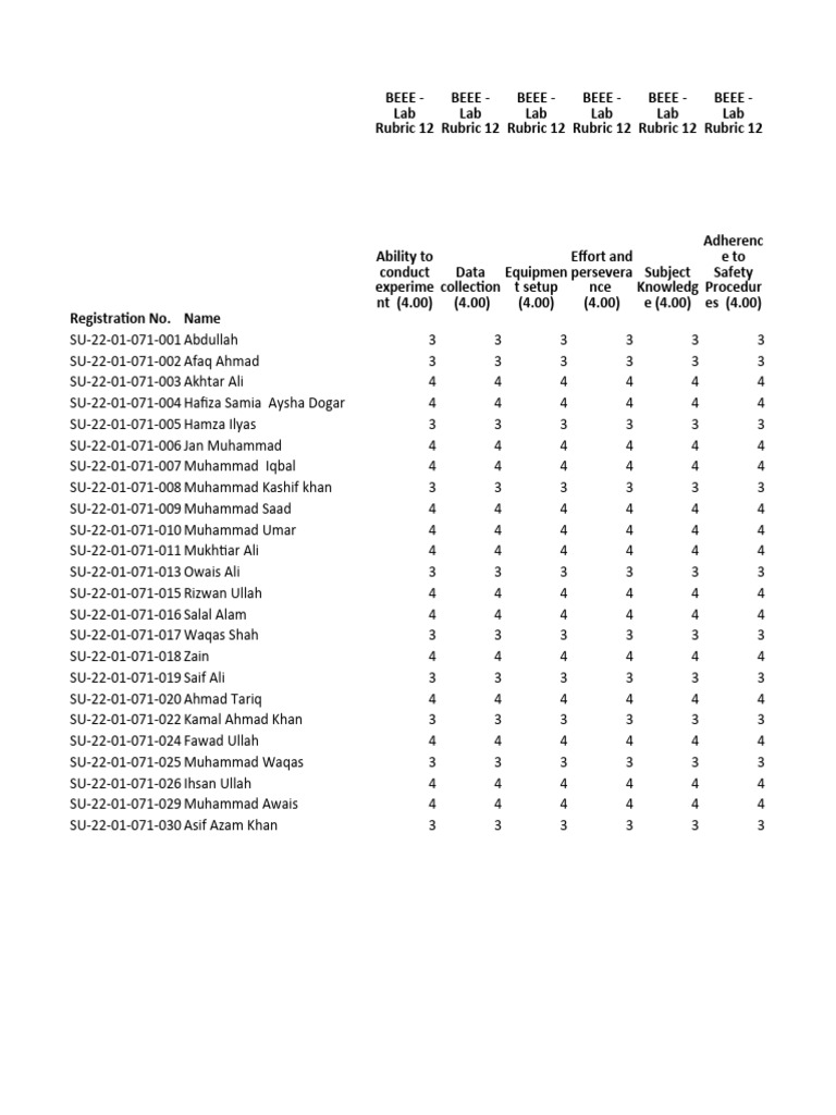 BEEE - Lab Rubric 12EE211 L - BSC Electrical Engineering, Fall 2023 ...