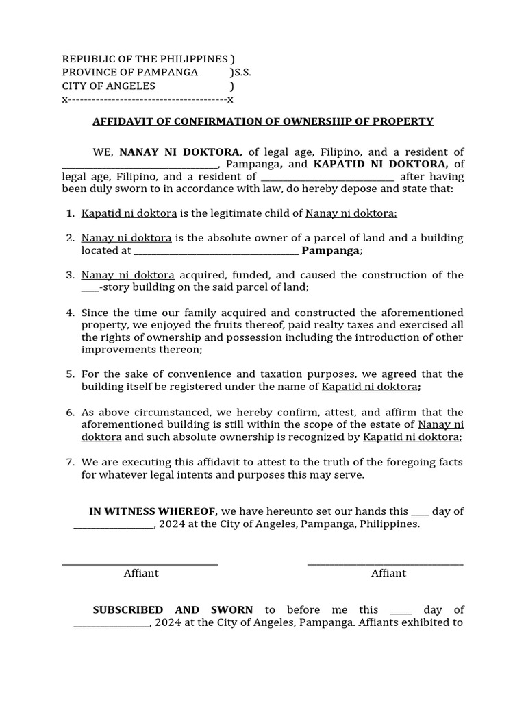 Affidavit of Confirmation of Ownership and Possession | PDF