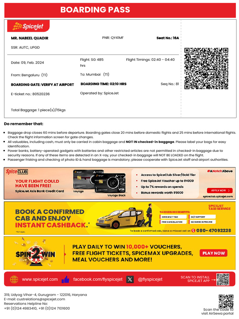 SpiceJet Passenger Boarding Info | PDF