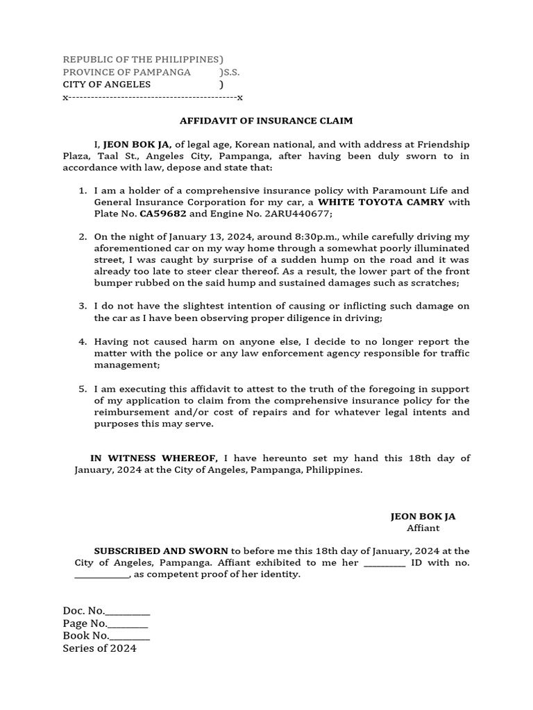 Affidavit of Insurance Claim (Vehicle) | PDF | Social Science