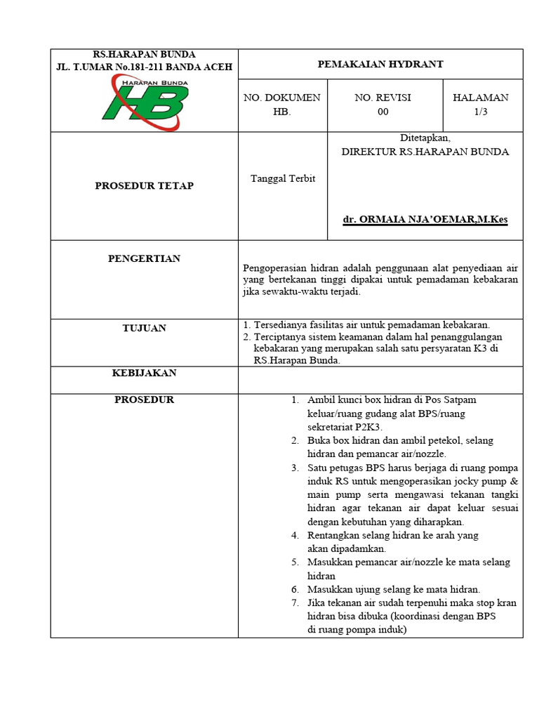 Prosedur Pemakaian Hydrant RS | PDF