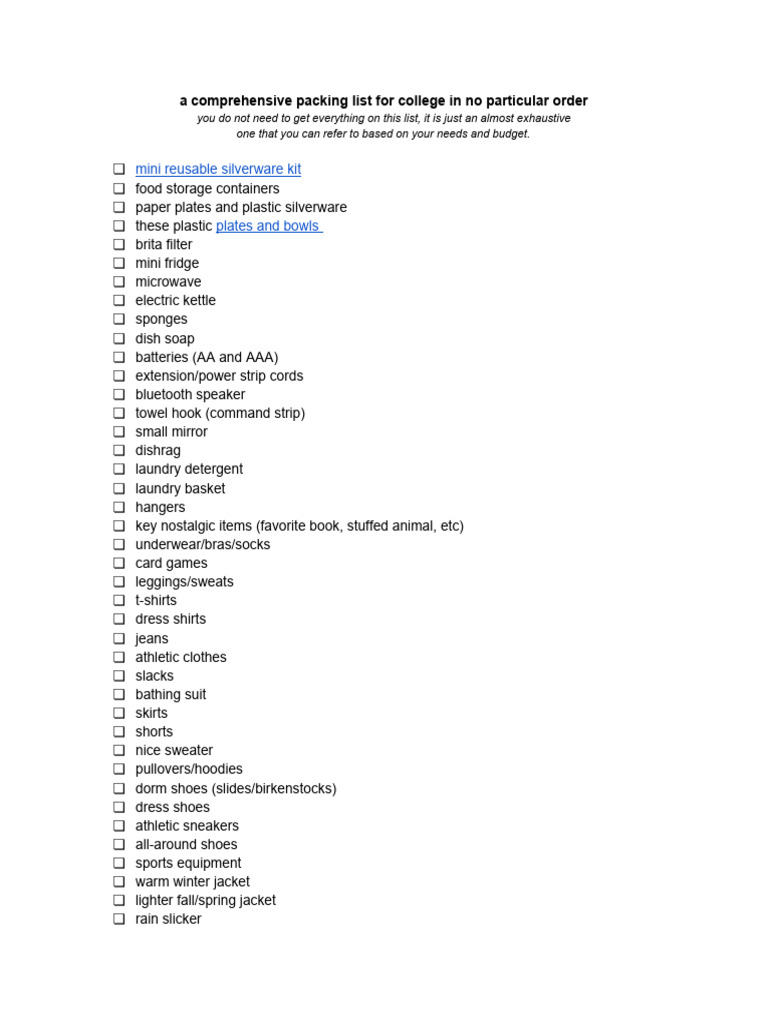 A Comprehensive Packing List For College | PDF | Wellness