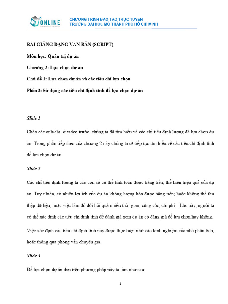 Bài Giảng Dạng Văn Bản (Script) Môn học: Quản trị dự án Chương 2: Lựa ...