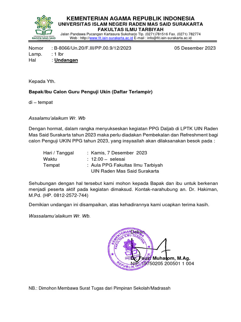 Surat Undangan Penguji Ukin Ke Guru Pamong 2023-ST | PDF