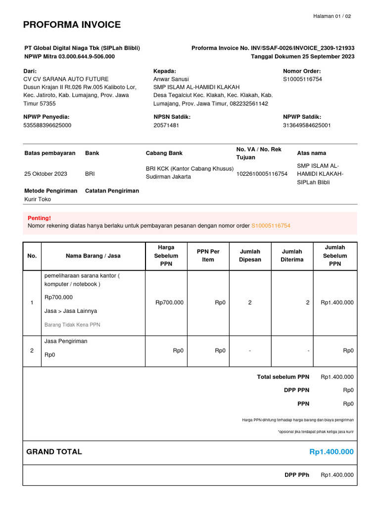 Proforma Invoice S10005116754 | PDF