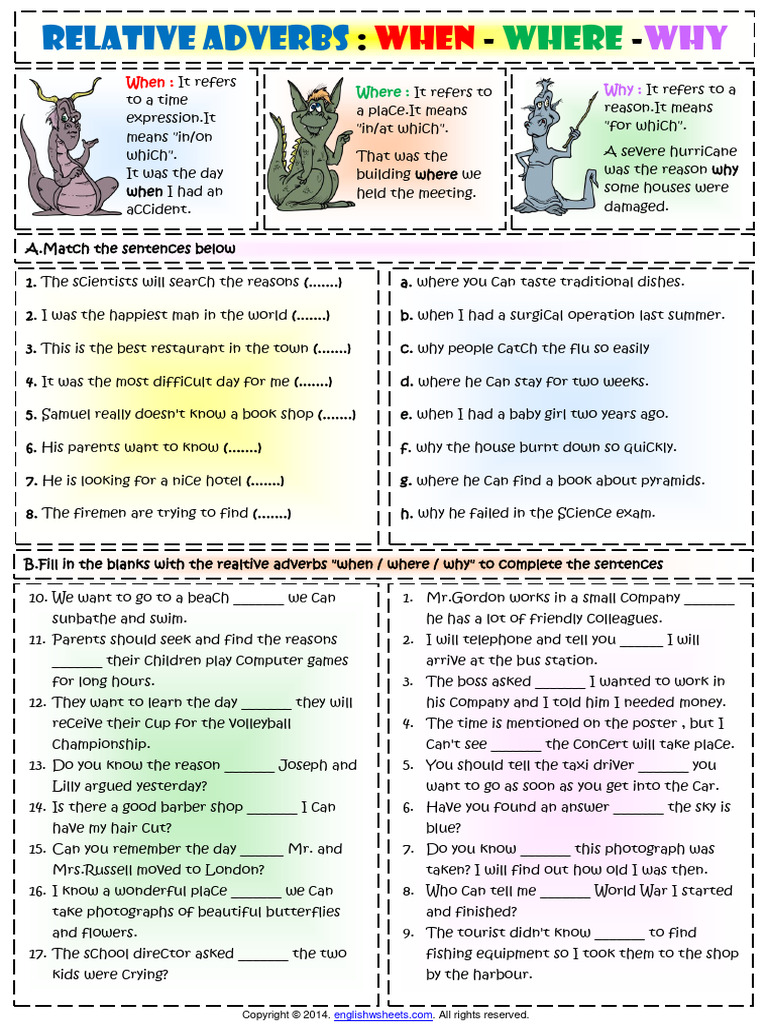 Relative Adverbs Grammar Exercises Esl Worksheet | PDF