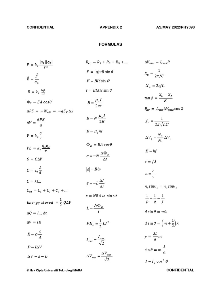 Physics Formulas Appendix 2022 | PDF