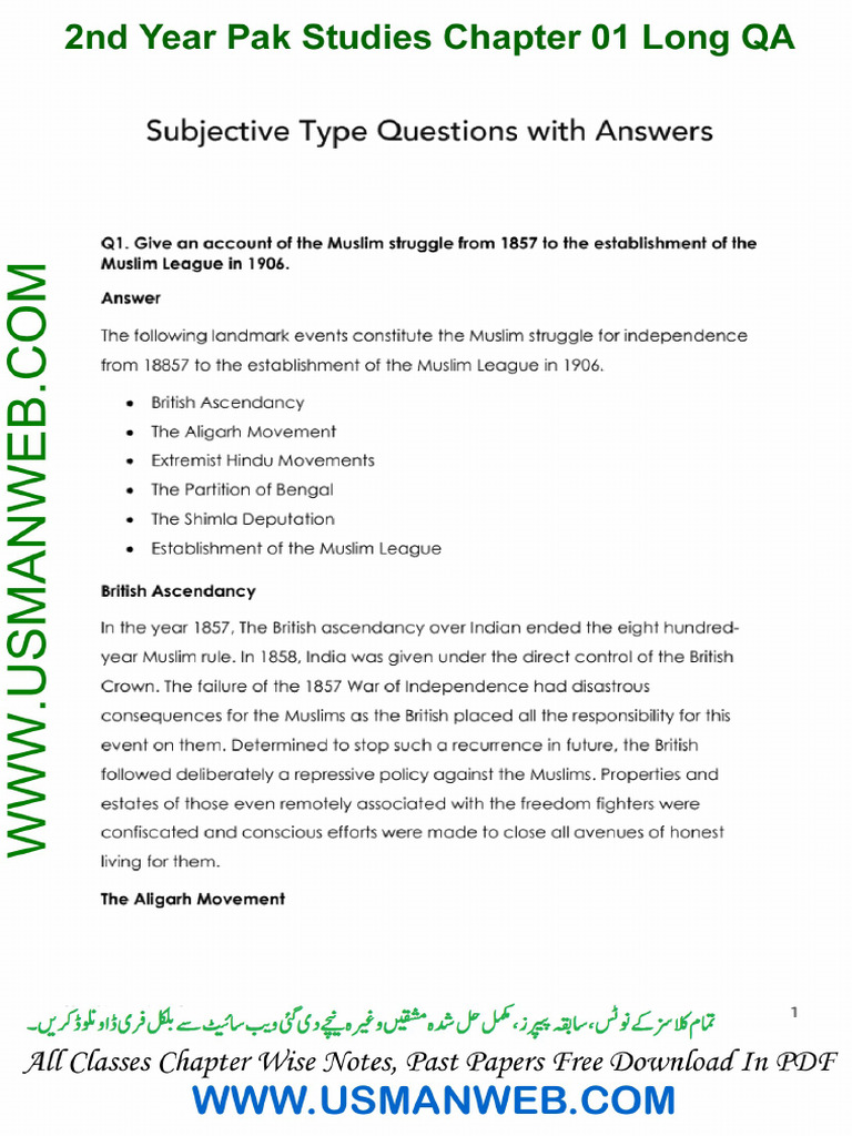 12th Pak Studies Chapter 1 Long QA | PDF