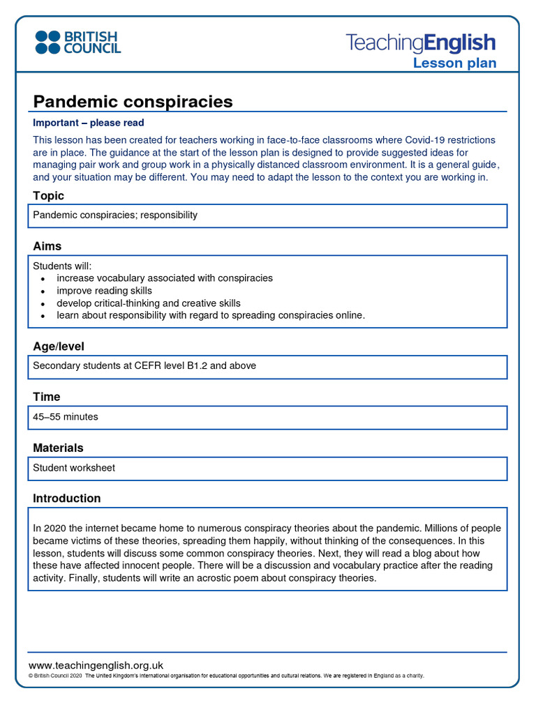Pandemic Conspiracies Lesson Plan | PDF | Lesson Plan | Classroom