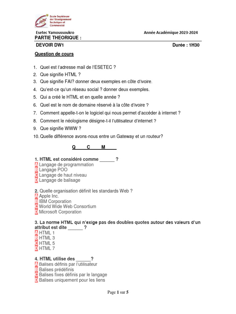 Devoir Esetec : HTML et Pratique Web | PDF | Html | Internet