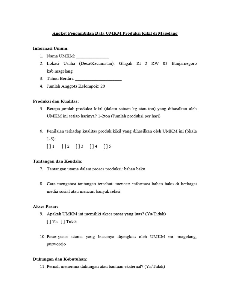 Angket Pengambilan Data UMKM Produksi Kikil Di Magelang | PDF