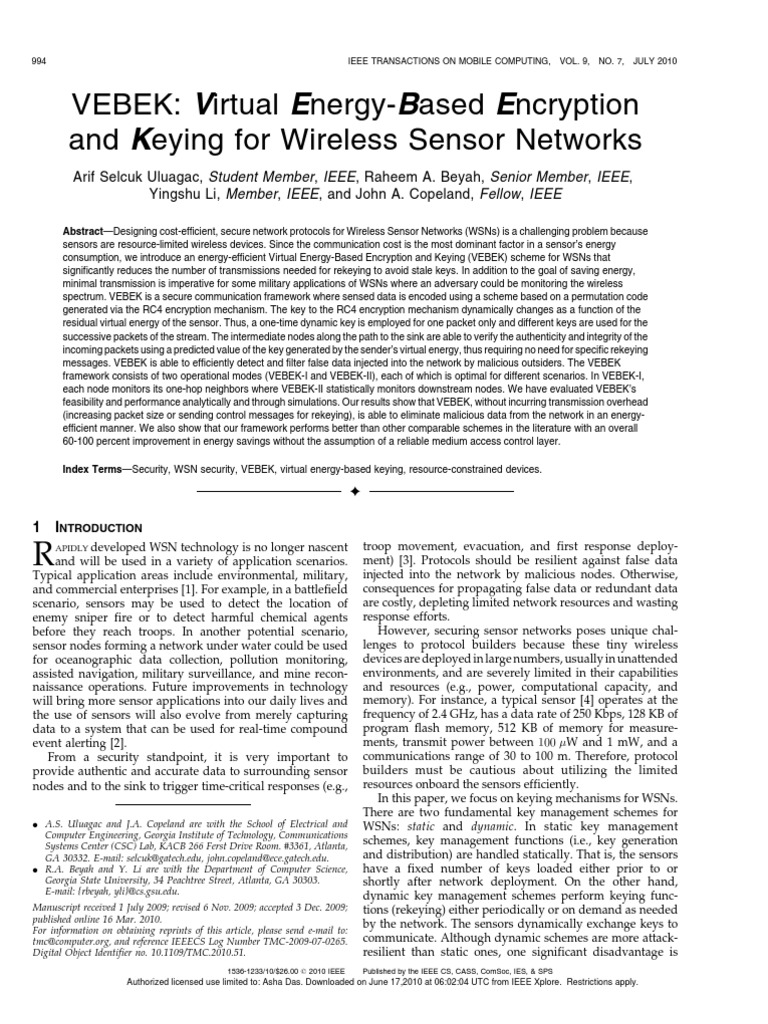 VEBEK: Virtual Energy-Based Encryption and Keying For Wireless Sensor Networks | PDF | Wireless ...