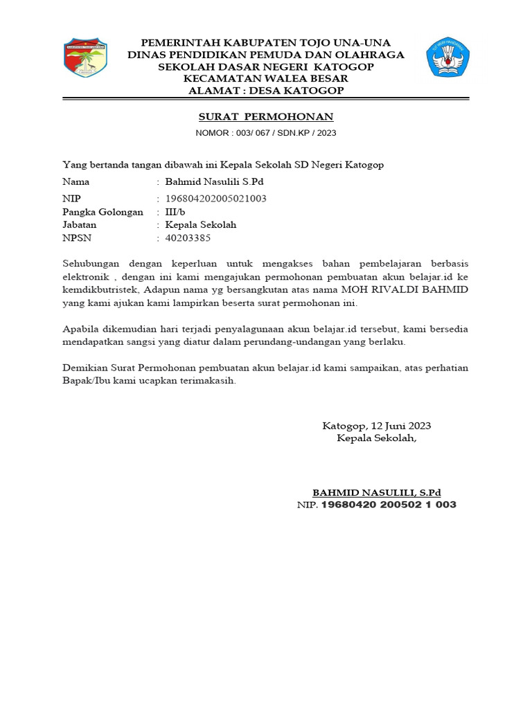 Surat Permohonan Akun Belajar | PDF Surat Permohonan Akun Belajar | PDF