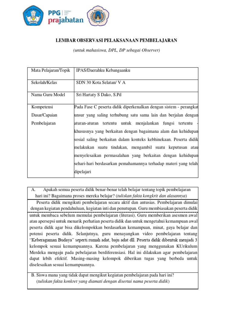 T3. LK 4 Format Lembar Observasi Pelaksanaan Pembelajaran Untuk Observer | PDF
