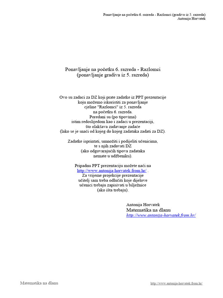 Razlomci Ponavljanje Na Pocetku 6 Razreda | PDF