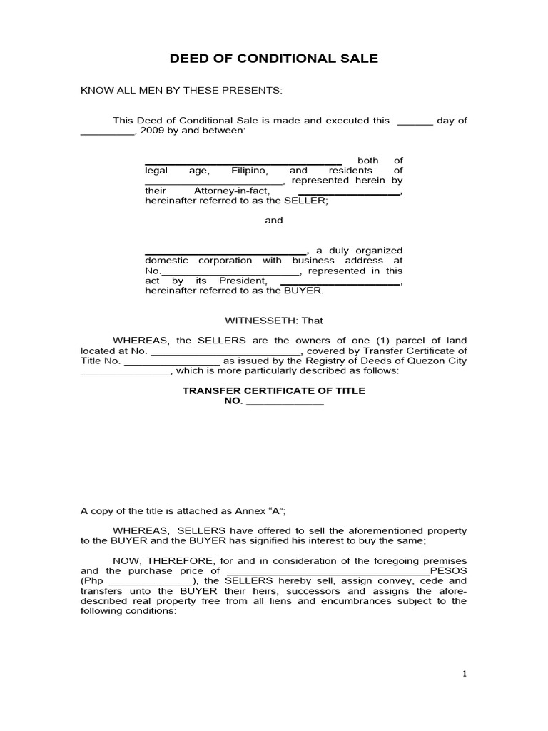 DEED OF CONDITIONAL SALE (Sample) | Download Free PDF | Deed | Payments
