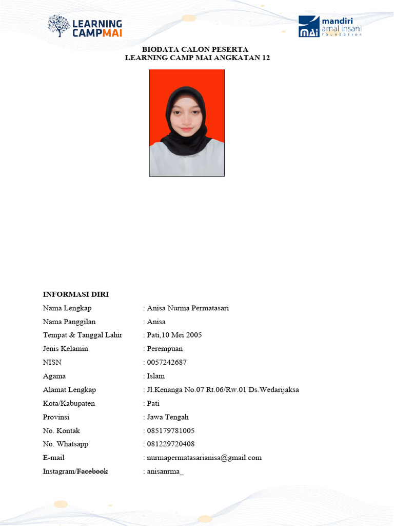 Biodata Calon Peserta LC Angkatan 12 | PDF
