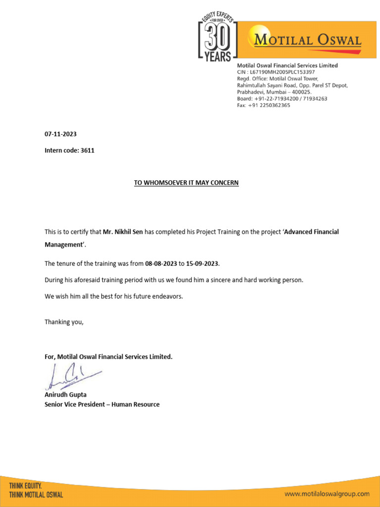 3611-Nikhil Sen Intern Letter | PDF
