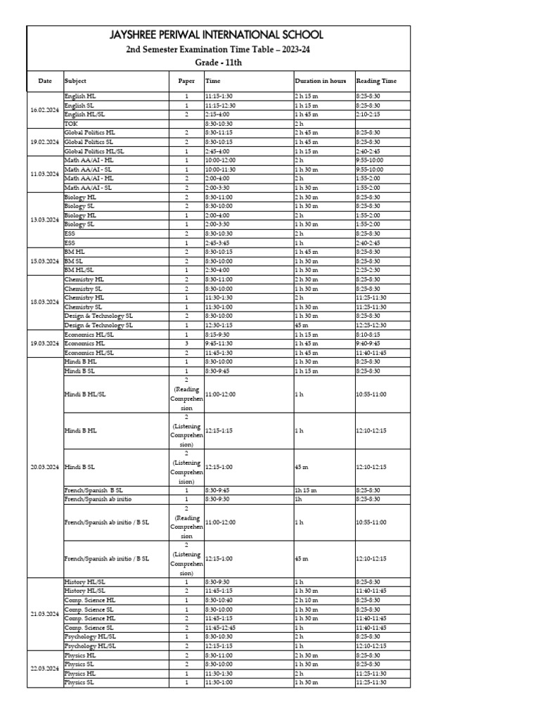 11th Time Table Students - 2023 - 2024 | PDF | Educational Stages | Qualifications