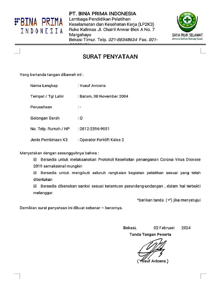 Scan Surat Pernyataan Yusuf Avicena | PDF