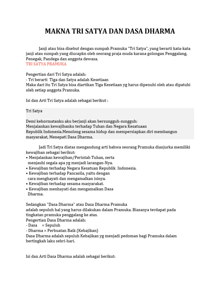 Makna Tri Satya Dan Dasa Dharma | PDF
