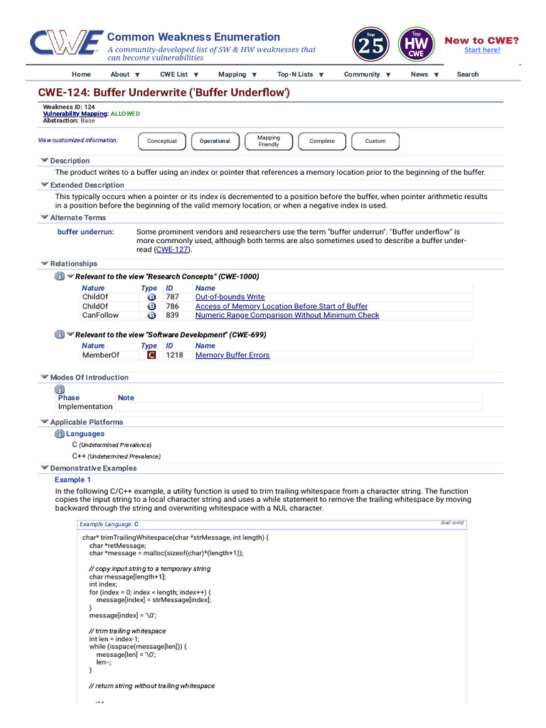 CWE - CWE-124 - Buffer Underwrite ('Buffer Underflow') (4.14) | PDF ...