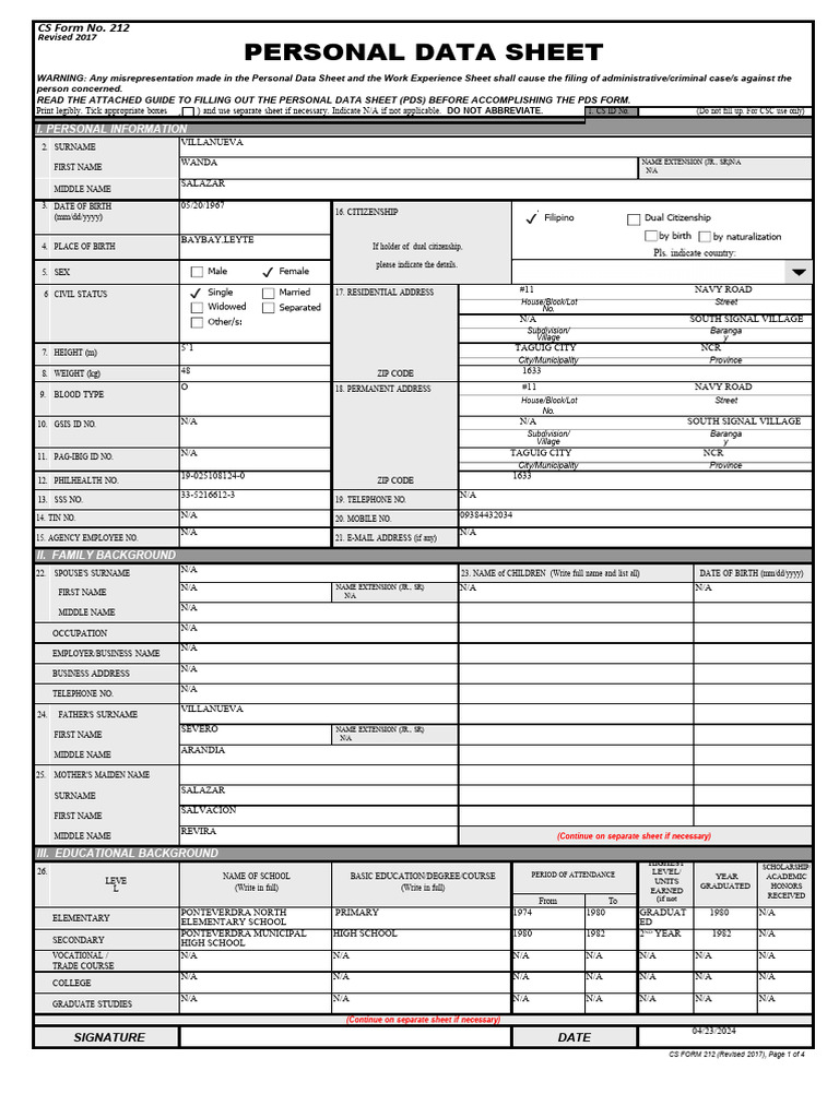 Personal Data Sheet CS Form No. 212 Revised 2017 MACARAT | PDF ...