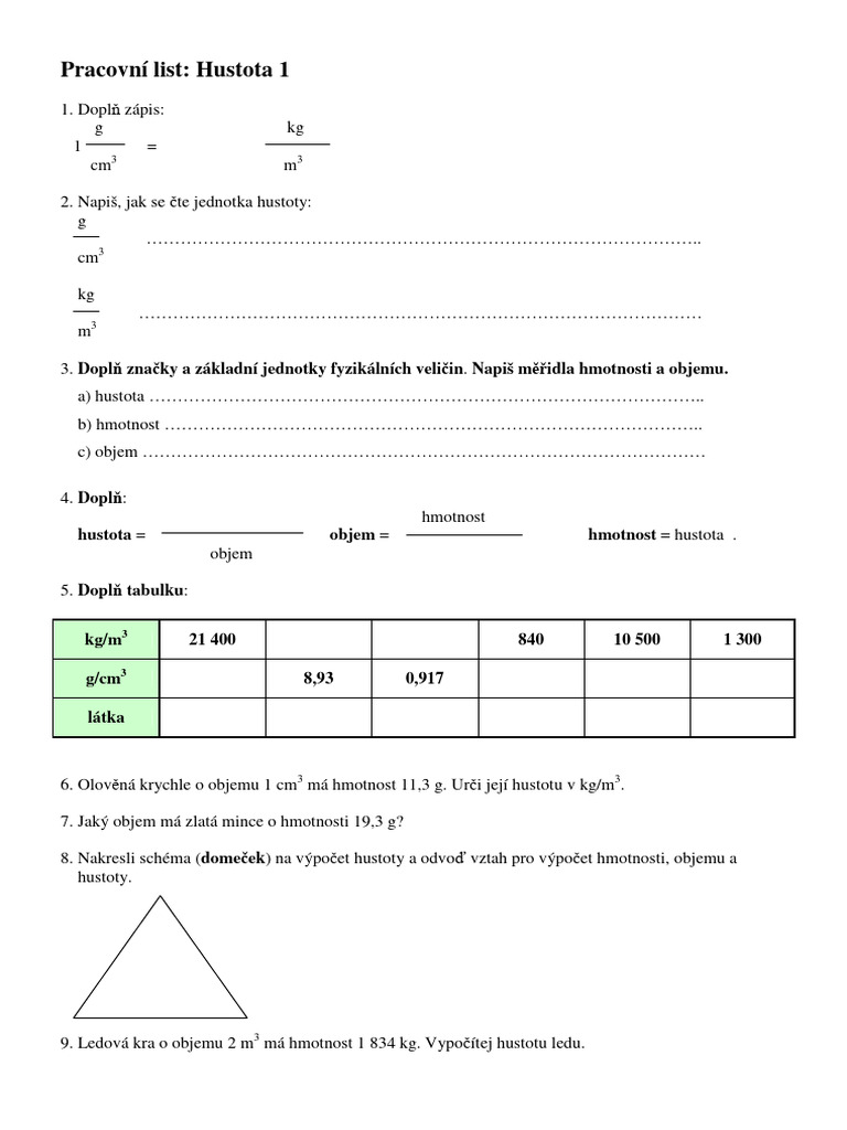 Pracovní List Hustota 1 | PDF