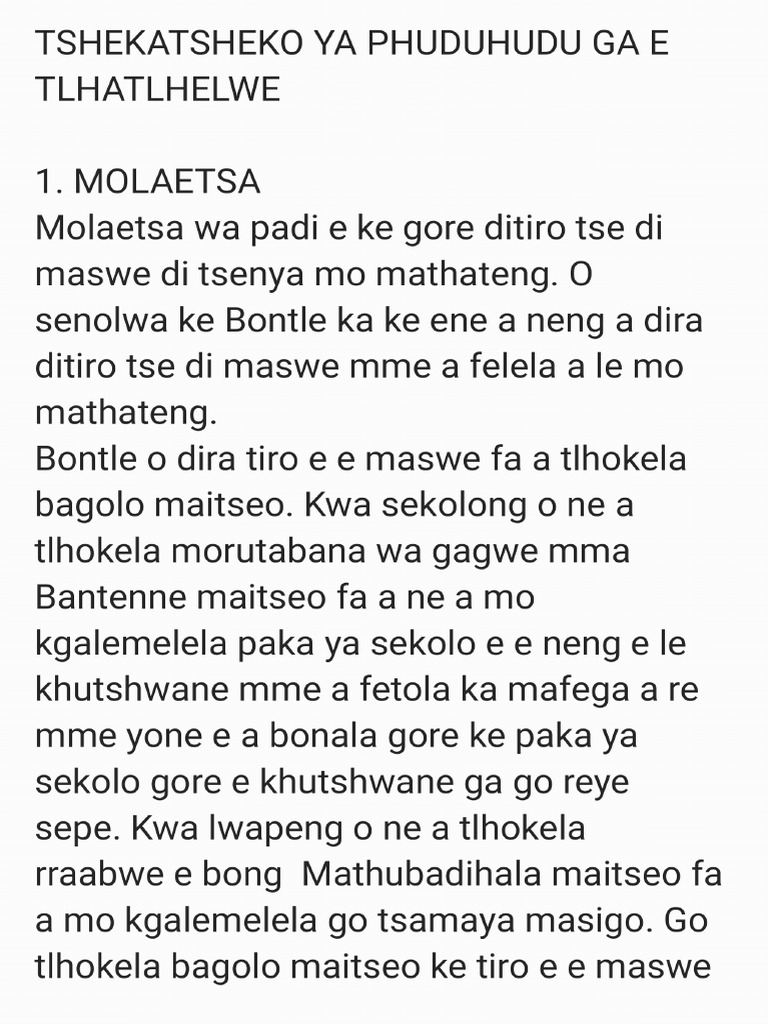 Tshekatsheko Ya Phuduhudu Ga e Tlhatlhelwe | PDF