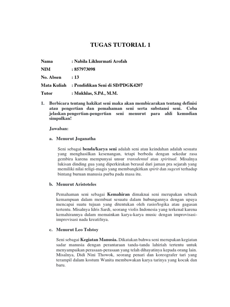 TT1 - Pendidikan Seni Di SD - Nabila LA | PDF
