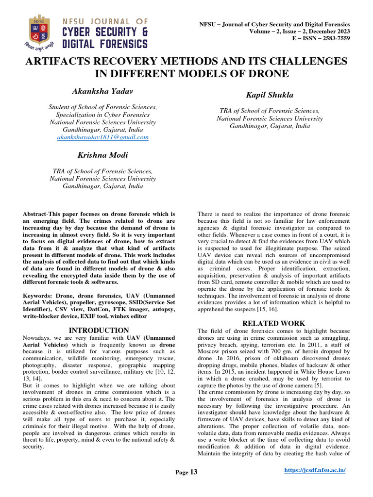 (13-19) ARTIFACTS RECOVERY METHODS AND ITS CHALLENGES IN DIFFERENT MODELS OF DRONE | PDF ...