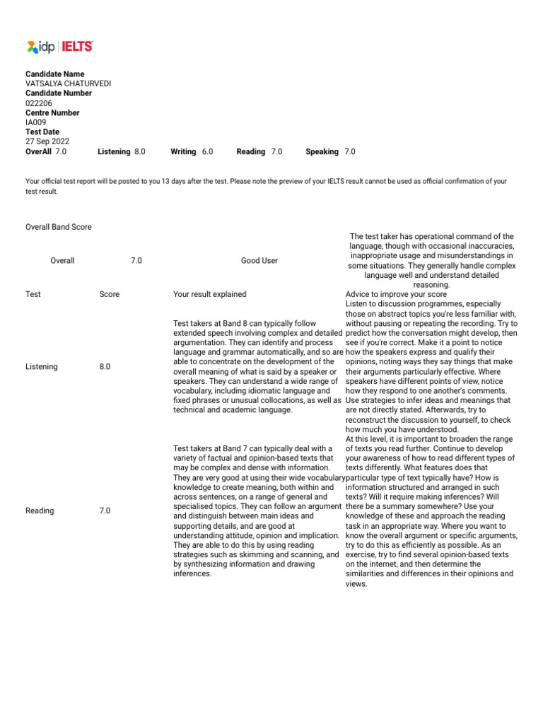 IELTS Score Report & Feedback | PDF | International English Language ...